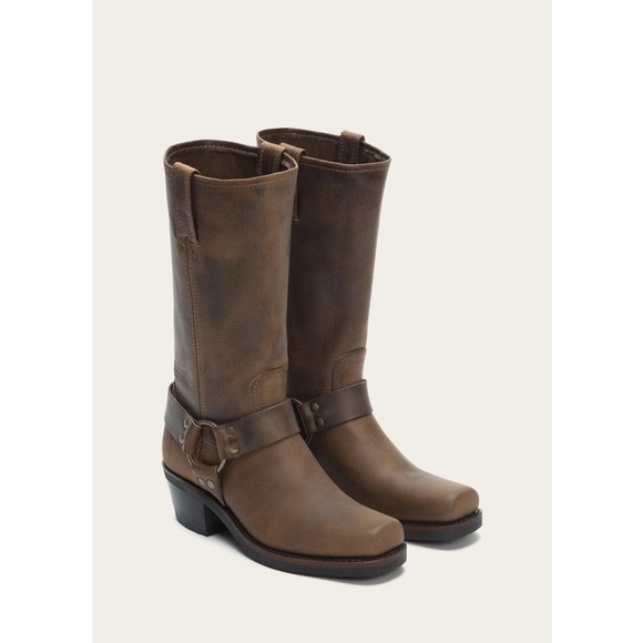 Frye | Shoes | Frye Harness 2r Boots Dark Brown Leather Tall Heeled ...